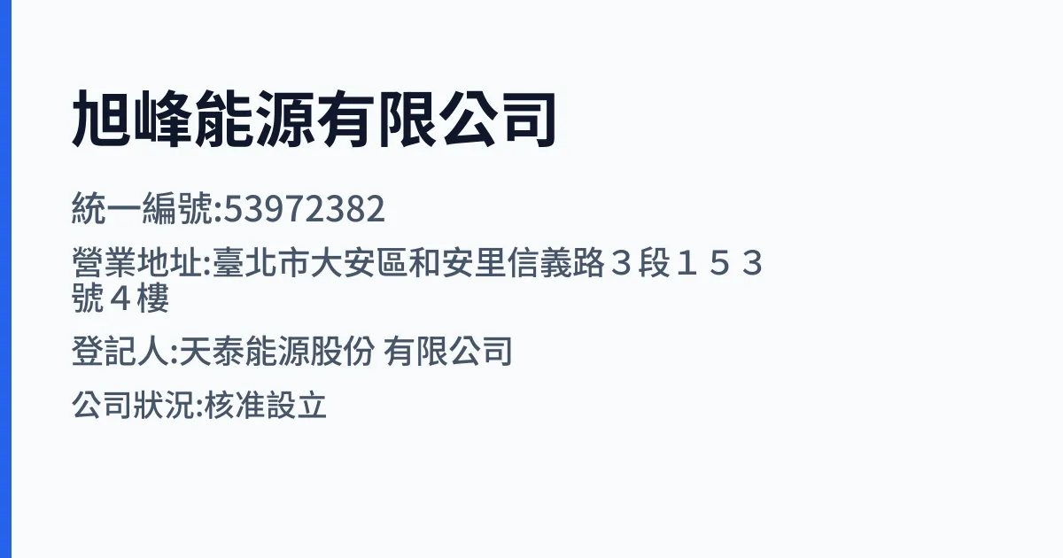 旭峰能源有限公司 - 統編 53972382(臺北市) 公司登記資料與營業項目詳細圖表