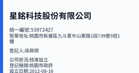 星銘科技股份有限公司的照片-統編 53972427(桃園市) 公司登記資料與營業項目詳細圖表