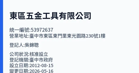 東區五金工具有限公司的照片-統編 53972637(臺中市) 公司登記資料與營業項目詳細圖表