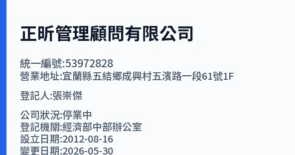 正昕管理顧問有限公司的照片-統編 53972828(宜蘭縣) 公司登記資料與營業項目詳細圖表