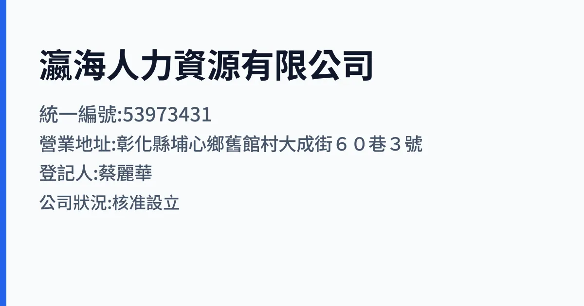瀛海人力資源有限公司 - 統編 53973431(彰化縣) 公司登記資料與營業項目詳細圖表