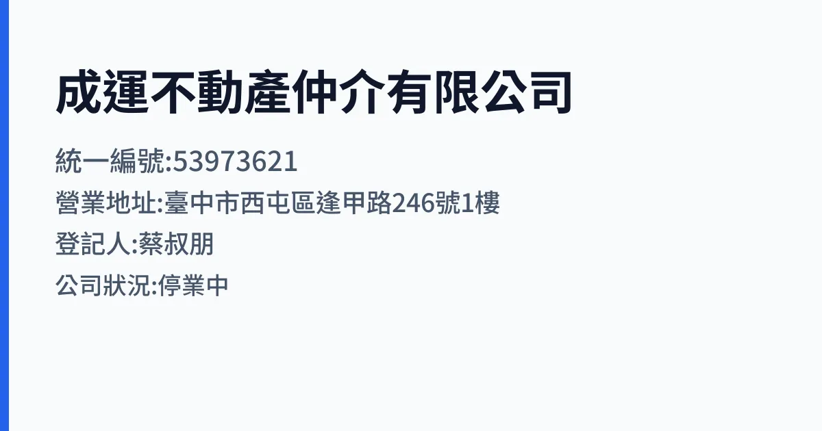 成運不動產仲介有限公司 - 統編 53973621(臺中市) 公司登記資料與營業項目詳細圖表