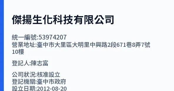 傑揚生化科技有限公司的照片-統編 53974207(臺中市) 公司登記資料與營業項目詳細圖表