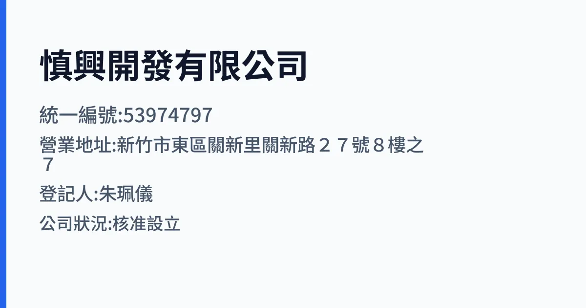 慎興開發有限公司 - 統編 53974797(新竹市) 公司登記資料與營業項目詳細圖表