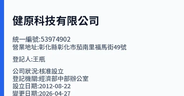 健原科技有限公司的照片-統編 53974902(彰化縣) 公司登記資料與營業項目詳細圖表