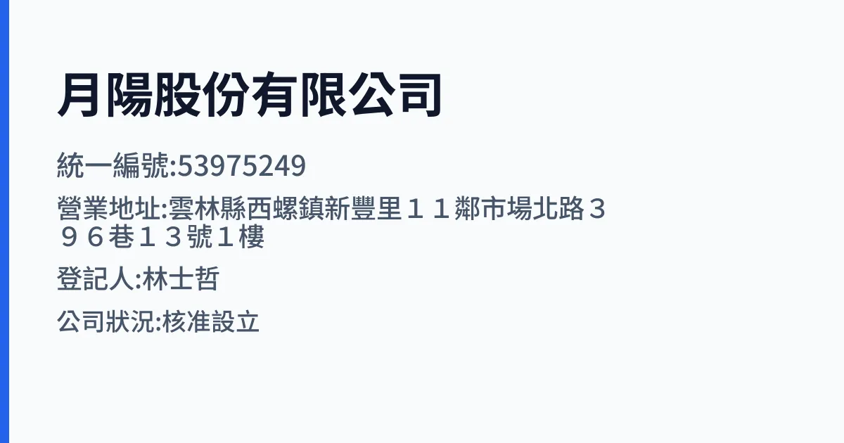 月陽股份有限公司 - 統編 53975249(雲林縣) 公司登記資料與營業項目詳細圖表