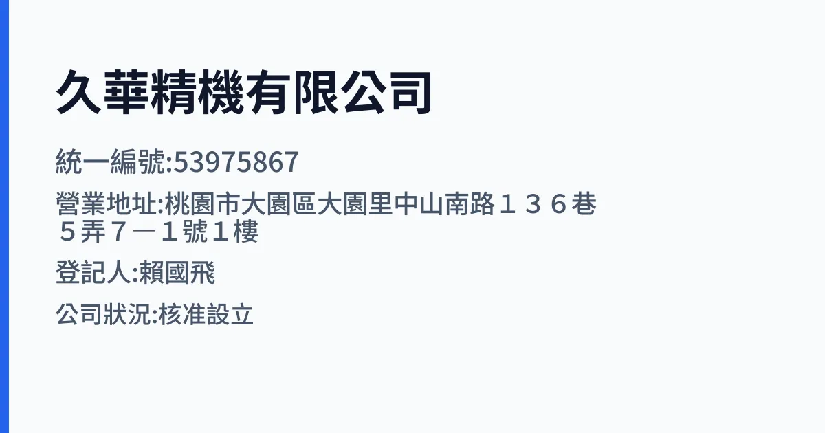 久華精機有限公司 - 統編 53975867(桃園市) 公司登記資料與營業項目詳細圖表