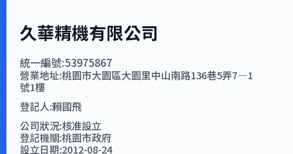 久華精機有限公司的照片-統編 53975867(桃園市) 公司登記資料與營業項目詳細圖表