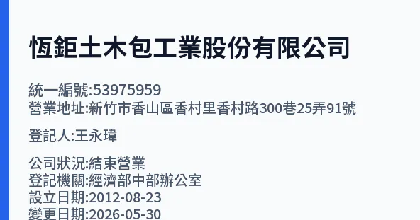 恆鉅土木包工業股份有限公司的照片-統編 53975959(新竹市) 公司登記資料與營業項目詳細圖表