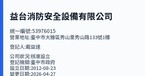 益台消防安全設備有限公司的照片-統編 53976015(臺中市) 公司登記資料與營業項目詳細圖表