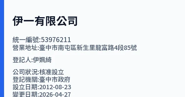 伊一有限公司的照片-統編 53976211(臺中市) 公司登記資料與營業項目詳細圖表