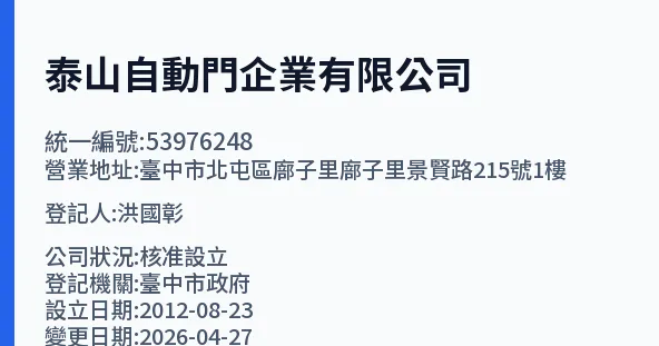 泰山自動門企業有限公司的照片-統編 53976248(臺中市) 公司登記資料與營業項目詳細圖表
