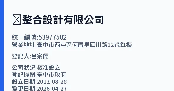 嵓整合設計有限公司的照片-統編 53977582(臺中市) 公司登記資料與營業項目詳細圖表