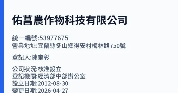 佑菖農作物科技有限公司的照片-統編 53977675(宜蘭縣) 公司登記資料與營業項目詳細圖表