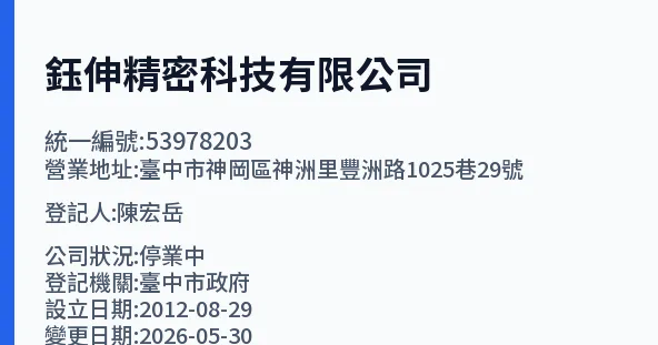 鈺伸精密科技有限公司的照片-統編 53978203(臺中市) 公司登記資料與營業項目詳細圖表