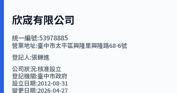 欣宬有限公司的照片-統編 53978885(臺中市) 公司登記資料與營業項目詳細圖表