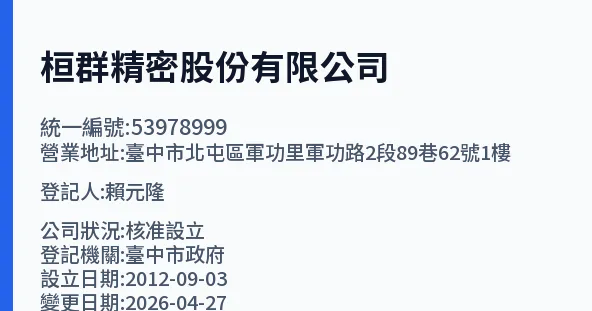 桓群精密股份有限公司的照片-統編 53978999(臺中市) 公司登記資料與營業項目詳細圖表