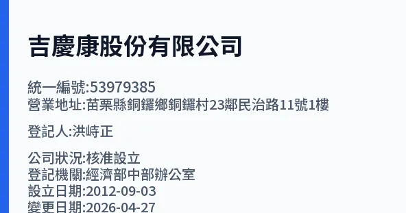 吉慶康股份有限公司的照片-統編 53979385(苗栗縣) 公司登記資料與營業項目詳細圖表