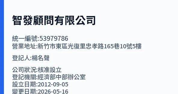 智發顧問有限公司的照片-統編 53979786(新竹市) 公司登記資料與營業項目詳細圖表