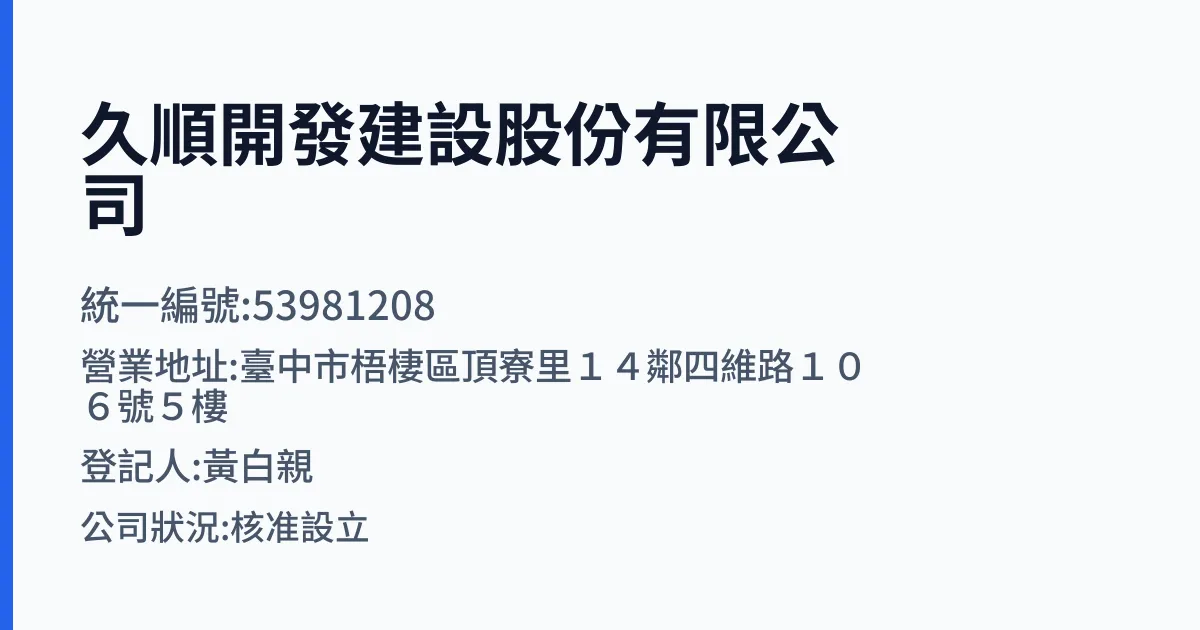 久順開發建設股份有限公司 - 統編 53981208(臺中市) 公司登記資料與營業項目詳細圖表