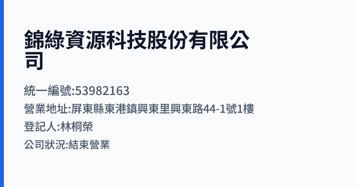 錦綠資源科技股份有限公司 - 統編 53982163(屏東縣) 公司登記資料與營業項目詳細圖表