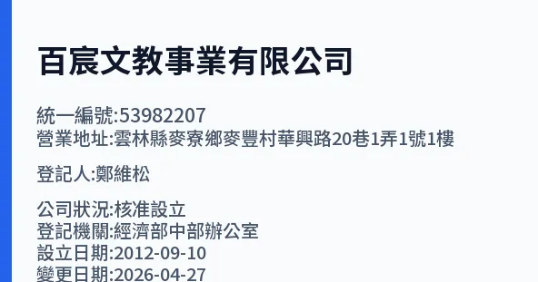 百宸文教事業有限公司的照片-統編 53982207(雲林縣) 公司登記資料與營業項目詳細圖表
