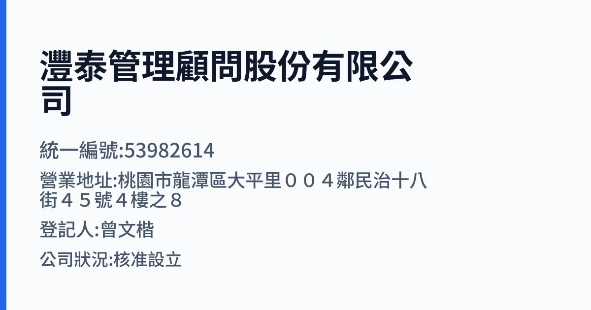 灃泰管理顧問股份有限公司 - 統編 53982614(桃園市) 公司登記資料與營業項目詳細圖表