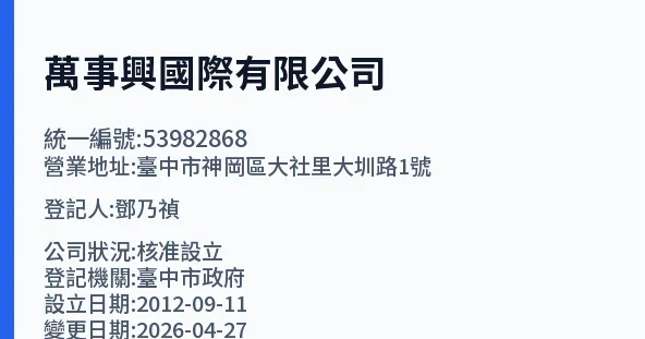 萬事興國際有限公司的照片-統編 53982868(臺中市) 公司登記資料與營業項目詳細圖表