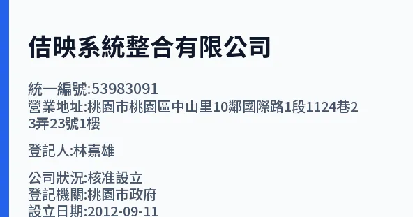 佶映系統整合有限公司的照片-統編 53983091(桃園市) 公司登記資料與營業項目詳細圖表