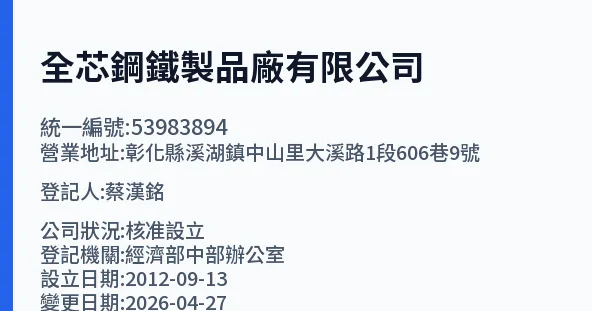 全芯鋼鐵製品廠有限公司的照片-統編 53983894(彰化縣) 公司登記資料與營業項目詳細圖表