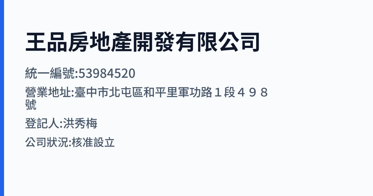 王品房地產開發有限公司 - 統編 53984520(臺中市) 公司登記資料與營業項目詳細圖表