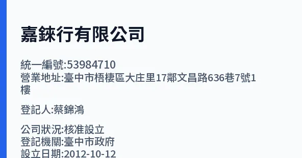 嘉錸行有限公司的照片-統編 53984710(臺中市) 公司登記資料與營業項目詳細圖表