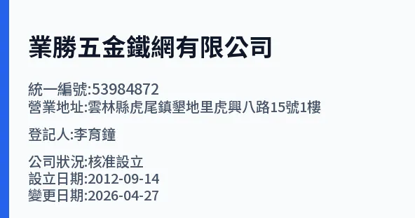 業勝五金鐵網有限公司的照片-統編 53984872(雲林縣) 公司登記資料與營業項目詳細圖表