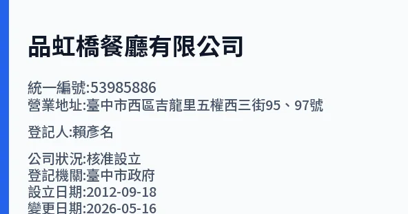 品虹橋餐廳有限公司的照片-統編 53985886(臺中市) 公司登記資料與營業項目詳細圖表