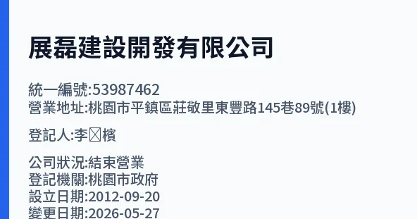 展磊建設開發有限公司的照片-統編 53987462(桃園市) 公司登記資料與營業項目詳細圖表
