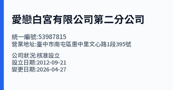 愛戀白宮有限公司第二分公司的照片-統編 53987815(臺中市) 公司登記資料與營業項目詳細圖表