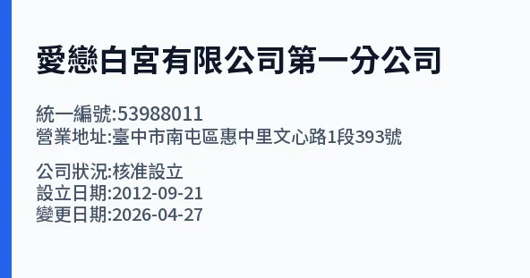 愛戀白宮有限公司第一分公司的照片-統編 53988011(臺中市) 公司登記資料與營業項目詳細圖表