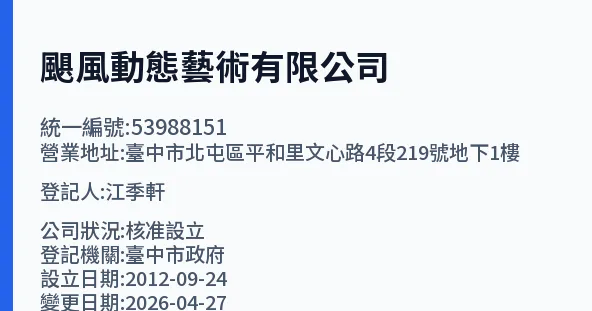 颶風動態藝術有限公司的照片-統編 53988151(臺中市) 公司登記資料與營業項目詳細圖表