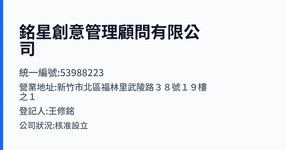 銘星創意管理顧問有限公司 - 統編 53988223(新竹市) 公司登記資料與營業項目詳細圖表