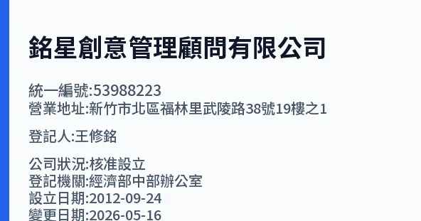 銘星創意管理顧問有限公司的照片-統編 53988223(新竹市) 公司登記資料與營業項目詳細圖表