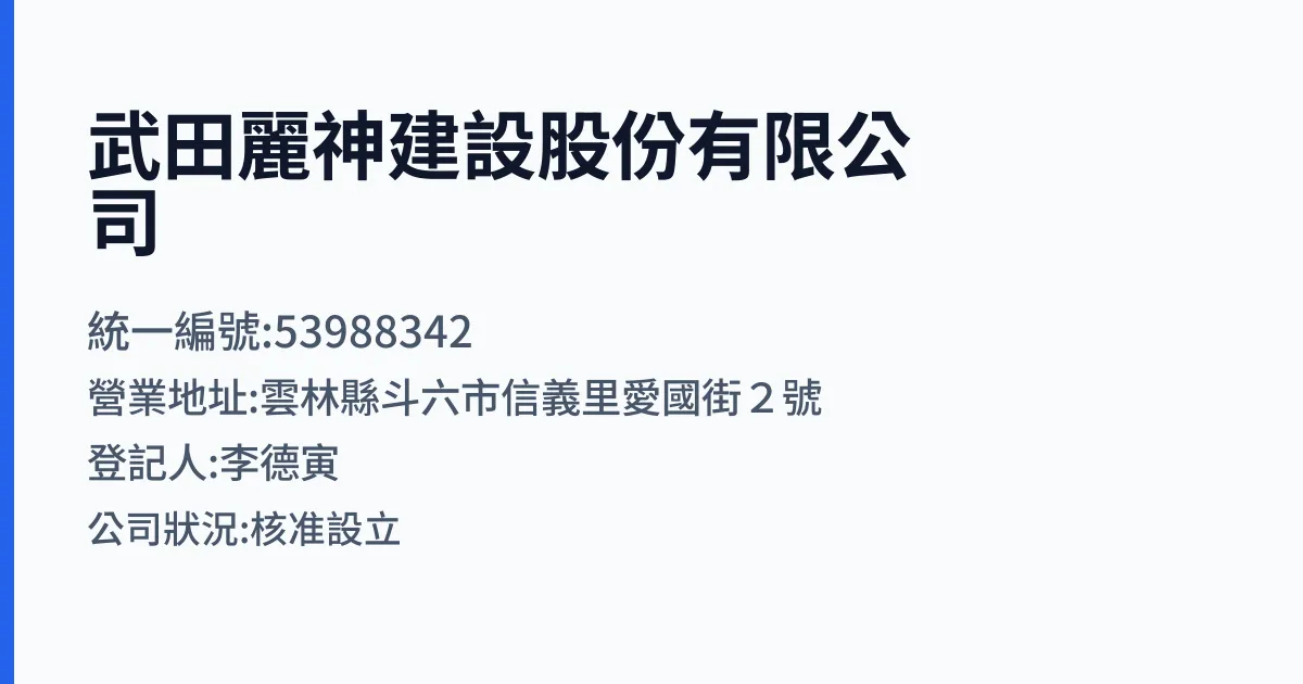 武田麗神建設股份有限公司 - 統編 53988342(雲林縣) 公司登記資料與營業項目詳細圖表