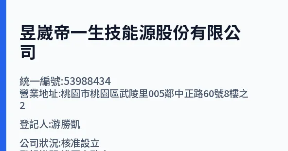 昱崴帝一生技能源股份有限公司的照片-統編 53988434(桃園市) 公司登記資料與營業項目詳細圖表
