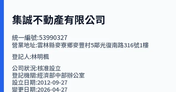 集誠不動產有限公司的照片-統編 53990327(雲林縣) 公司登記資料與營業項目詳細圖表