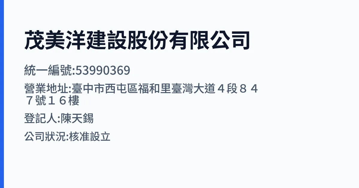 茂美洋建設股份有限公司 - 統編 53990369(臺中市) 公司登記資料與營業項目詳細圖表