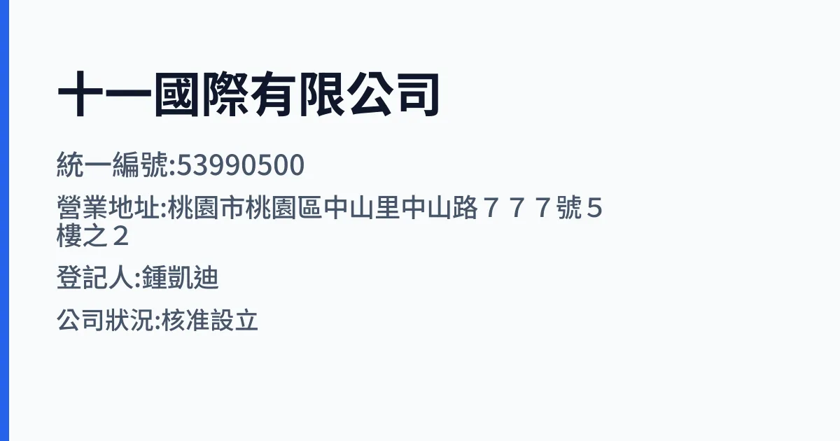 十一國際有限公司 - 統編 53990500(桃園市) 公司登記資料與營業項目詳細圖表