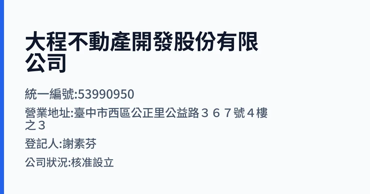 大程不動產開發股份有限公司 - 統編 53990950(臺中市) 公司登記資料與營業項目詳細圖表