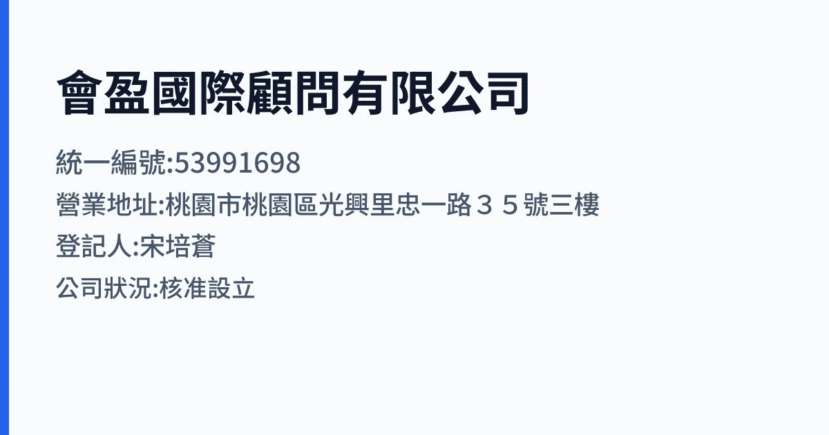 會盈國際顧問有限公司 - 統編 53991698(桃園市) 公司登記資料與營業項目詳細圖表
