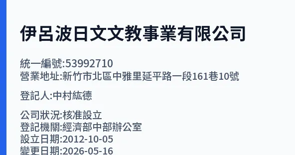 伊呂波日文文教事業有限公司的照片-統編 53992710(新竹市) 公司登記資料與營業項目詳細圖表