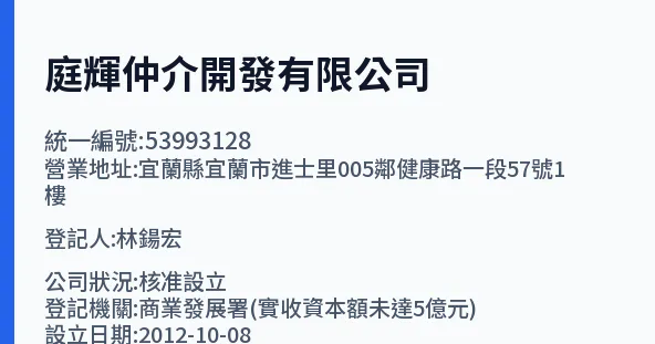 庭輝仲介開發有限公司的照片-統編 53993128(宜蘭縣) 公司登記資料與營業項目詳細圖表