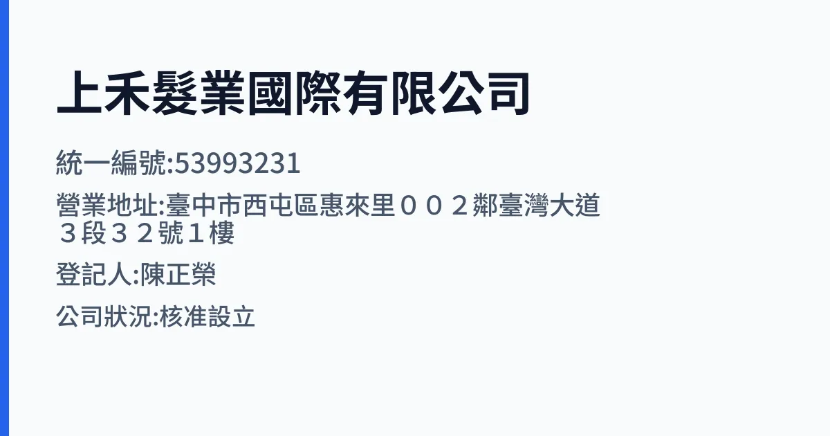 上禾髮業國際有限公司 - 統編 53993231(臺中市) 公司登記資料與營業項目詳細圖表